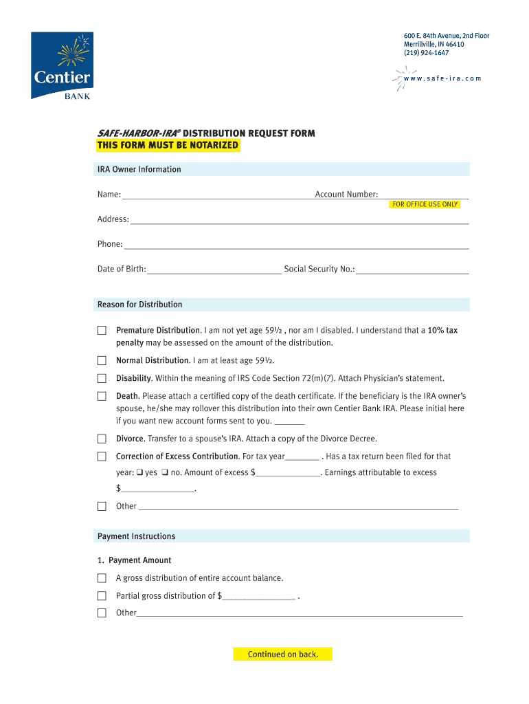Fillable Online safe-harbor-ira distribution request form this form ...