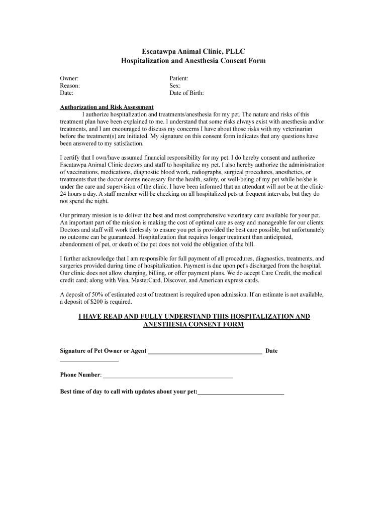 Fillable Online HOSPITALIZATION CONSENT FORM To: Brix Veterinary ...