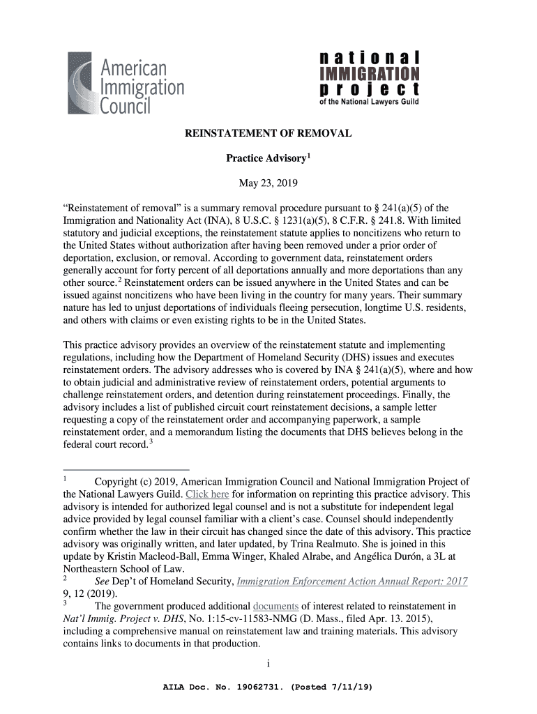 Fillable Online Reinstatement of removal is a summary removal procedure ...