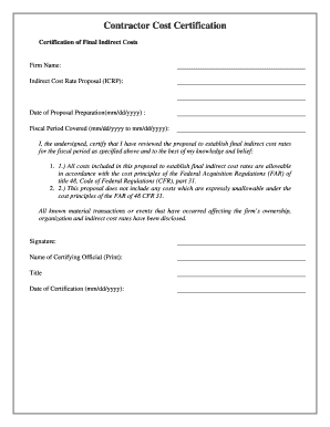 Fillable Online Contractor Cost Certification Form Certification of ...