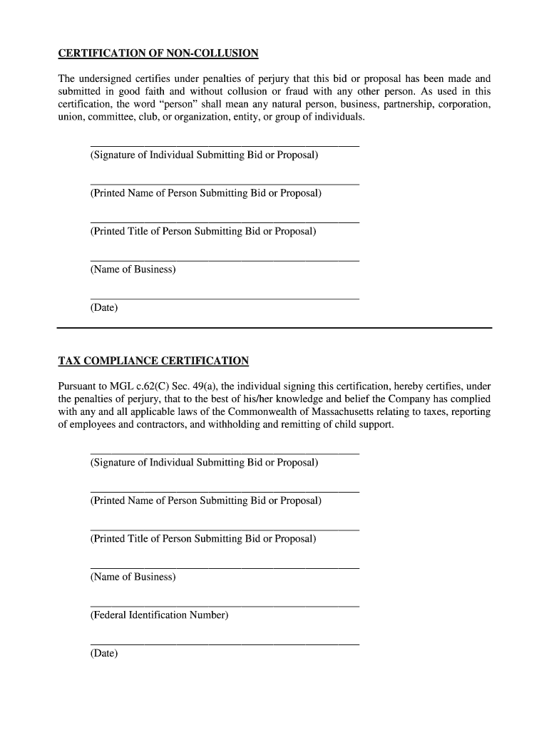 Fillable Online F. Statement of Non-Collusion and Tax Compliance ...