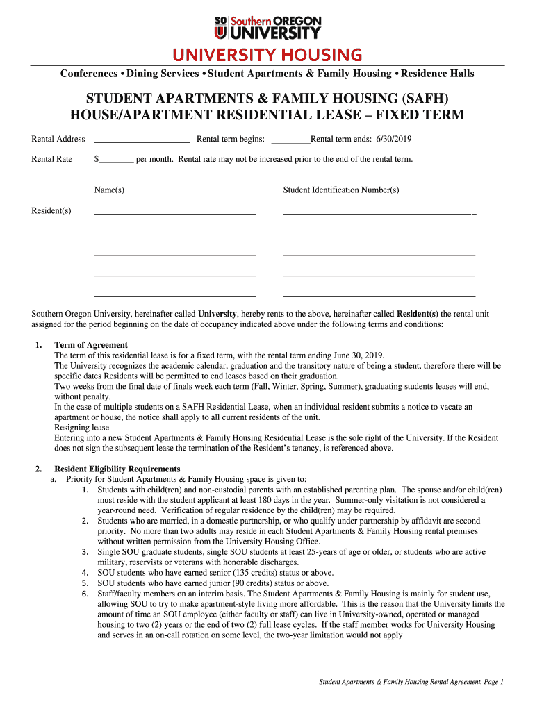 Fillable Online inside sou Student Apartments & Family Housing Family ...