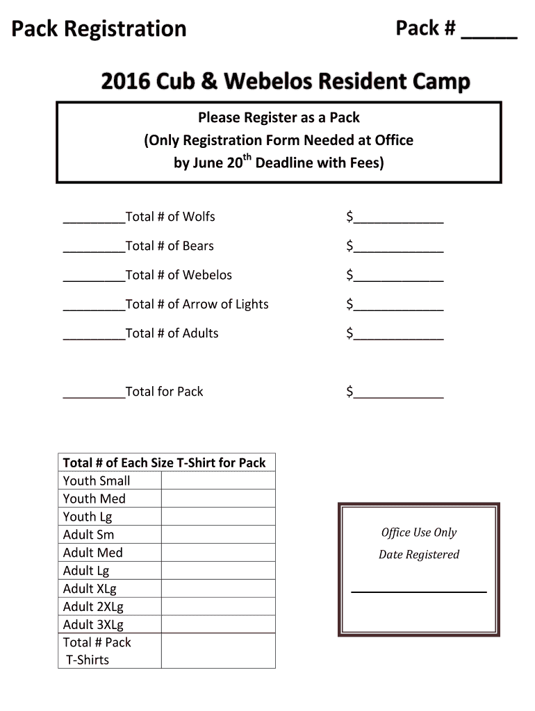 Fillable Online 2016 Cub & Webelos Resident Camp - Muskingum Valley ...