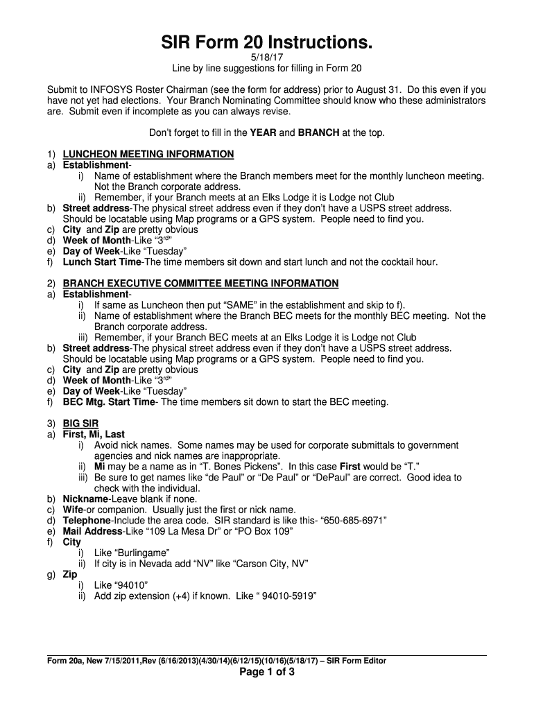 Fillable Online SIR Form 20 Instructions. - sirinc.org Fax Email Print ...