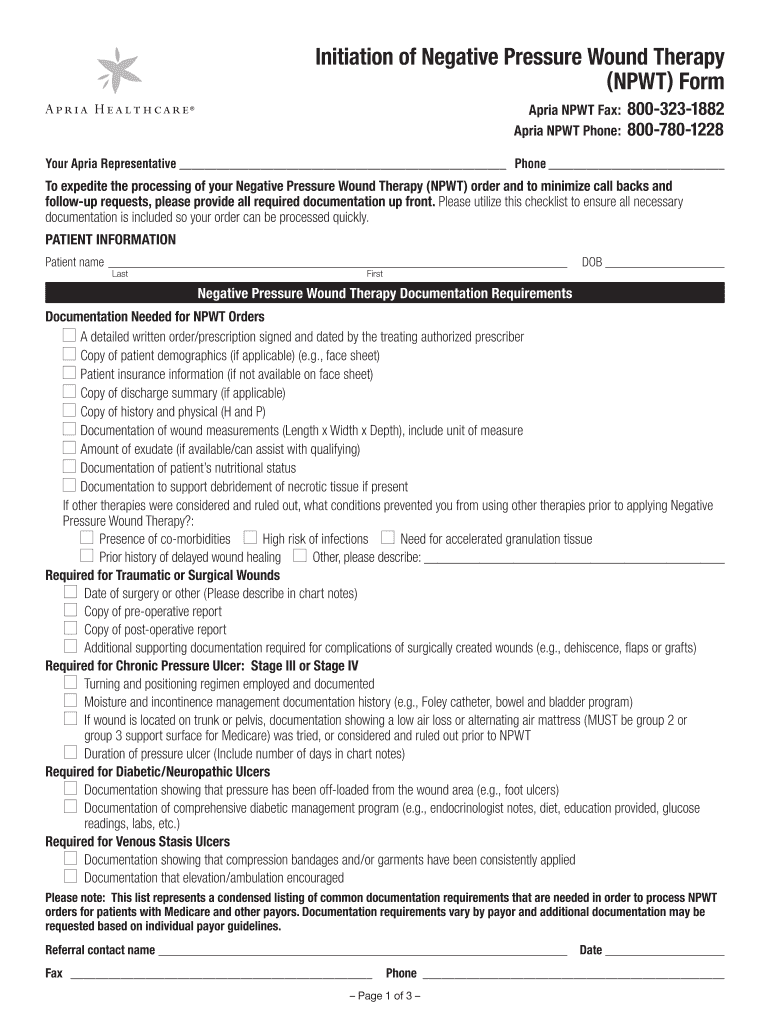 Fillable Online Initiation of Negative Pressure Wound Therapy ...