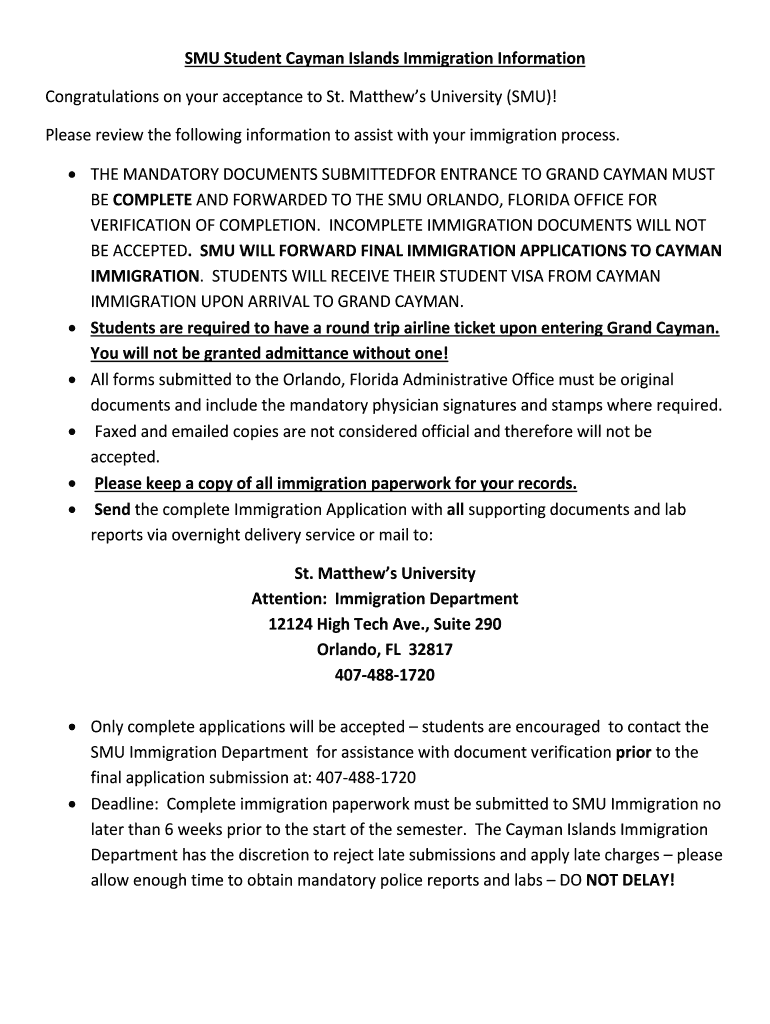 Fillable Online SMU Student Cayman Islands Immigration Information Fax ...