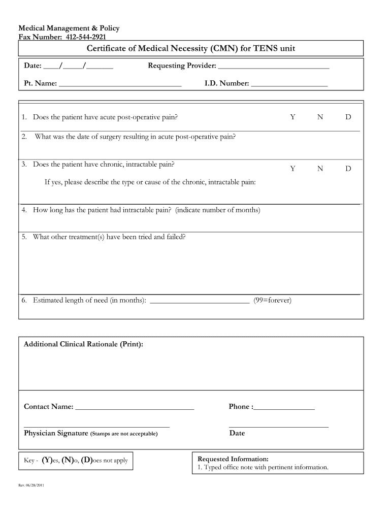 Fillable Online Certificate of Medical Necessity (CMN) for TENS unit ...