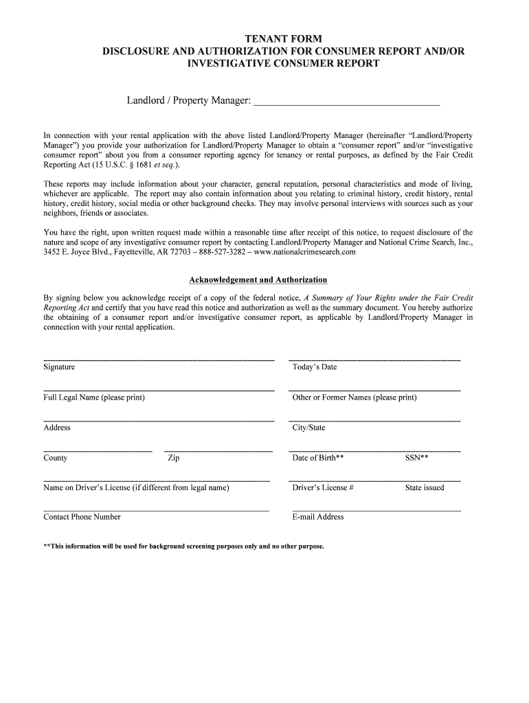 Fillable Online TENANT FORM DISCLOSURE AND AUTHORIZATION FOR CONSUMER ...