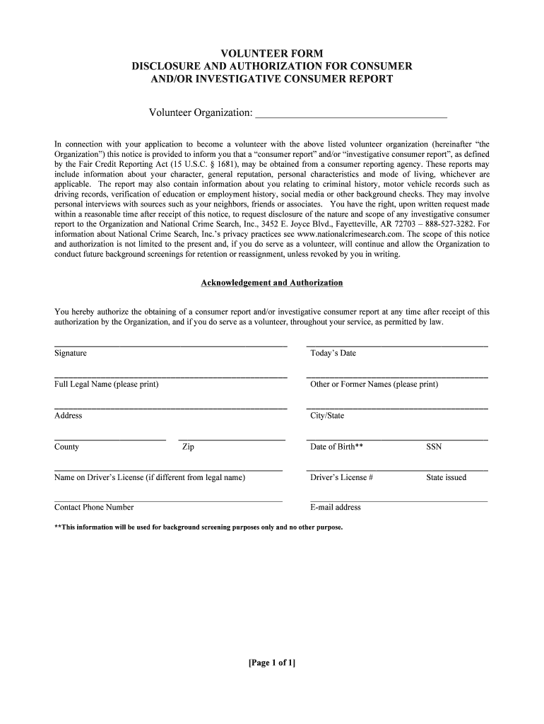 Fillable Online VOLUNTEER FORM DISCLOSURE AND AUTHORIZATION FOR ...