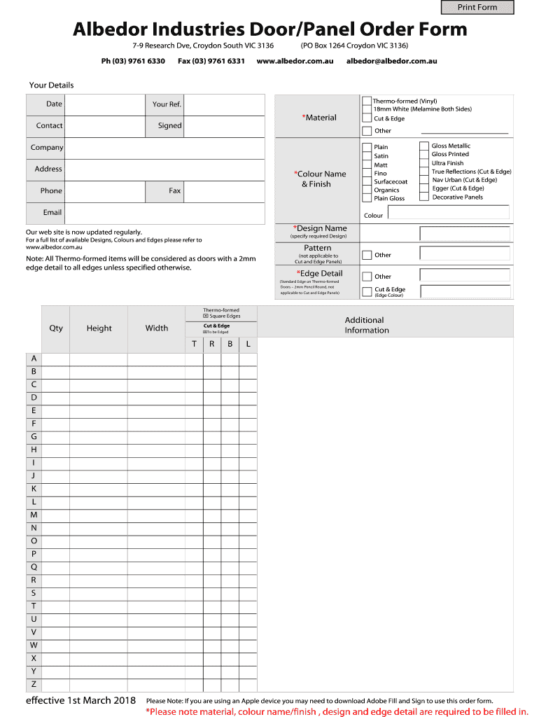 Fillable Online Fillable Online Albedor Industries Door Panel Order ...