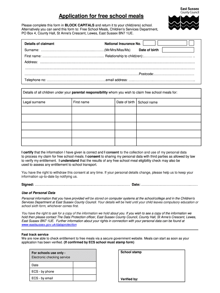 Fillable Online Get the Free School Meals Application Form - Glenleigh ...