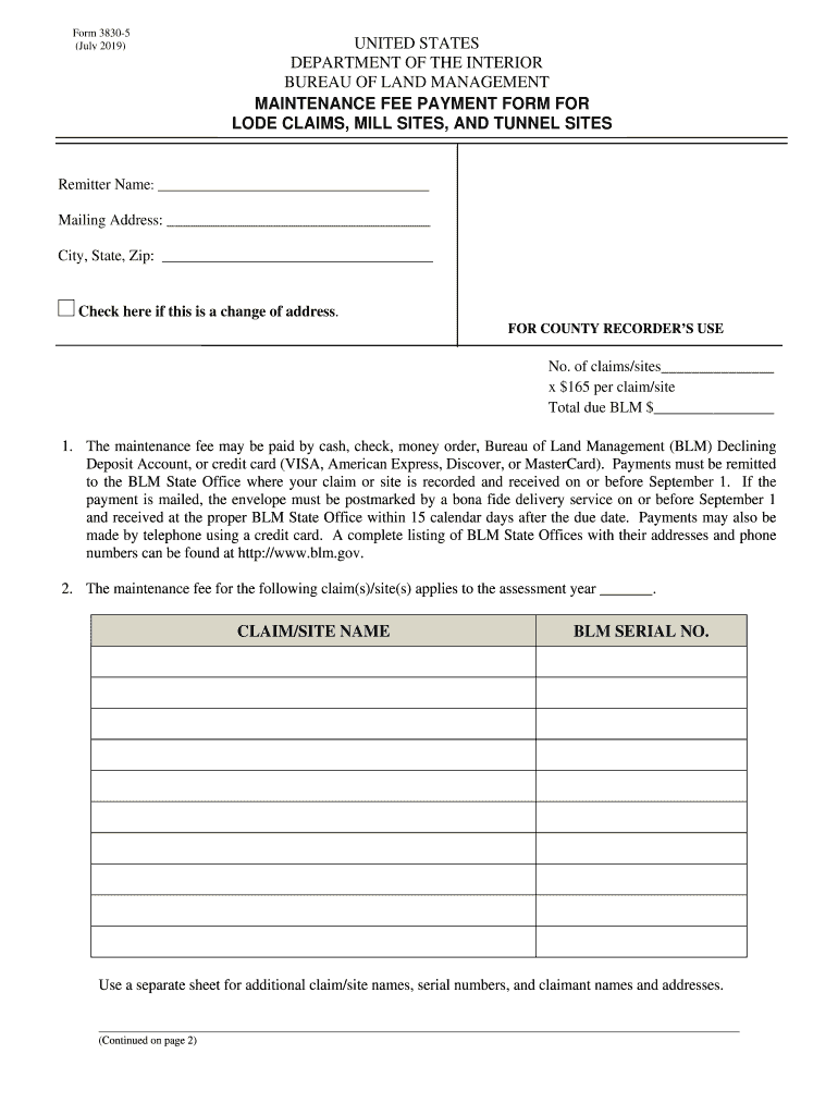 Fillable Online Maintenance Fee Payment Form for Lode Claims, Mill ...