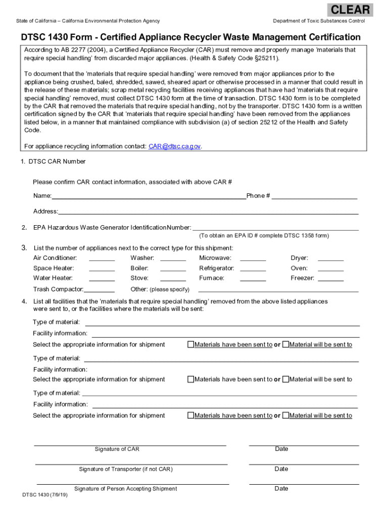 2019-2026 Form CA DTSC 1430 Fill Online, Printable, Fillable, Blank - pdfFiller
