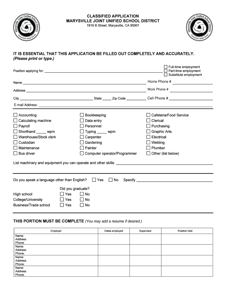 Fillable Online classified application marysville joint unified school ...