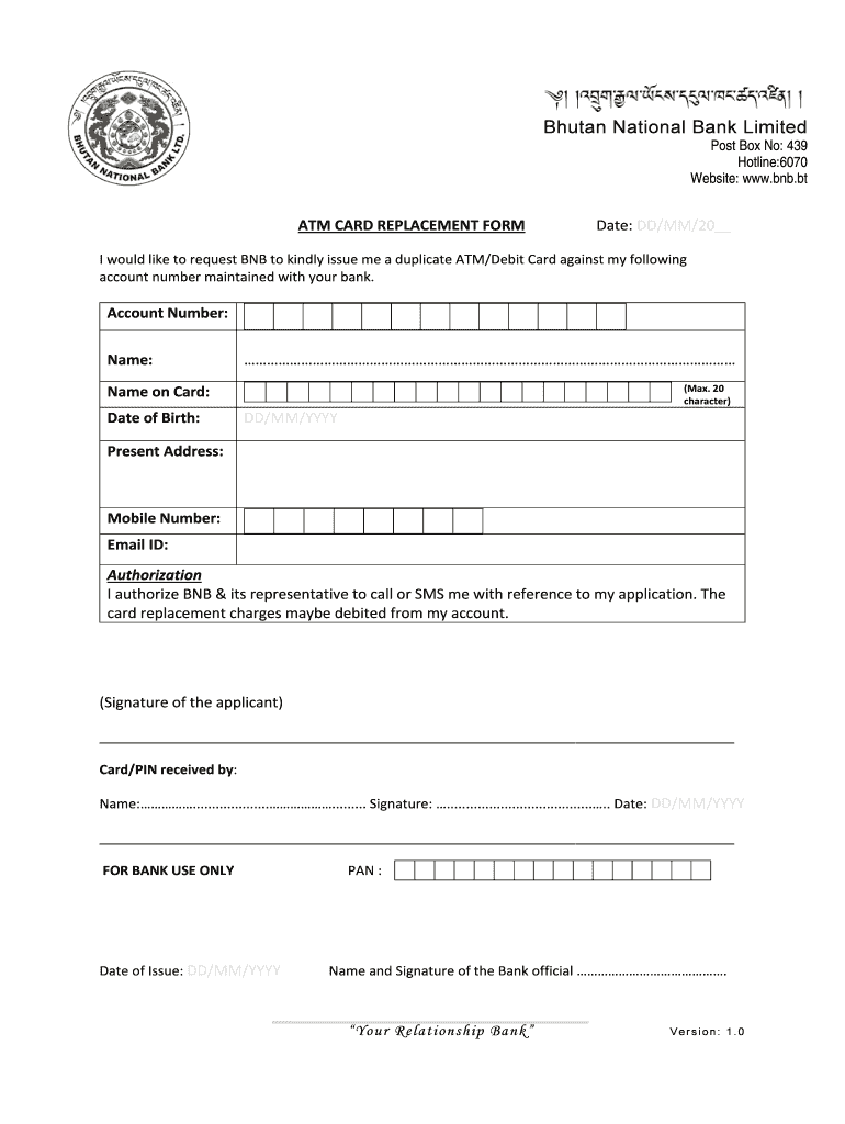 Fillable Online ATM Debit Card Replacement Form - Bhutan National Bank ...
