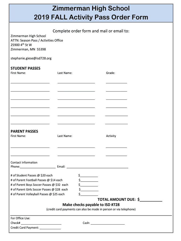 Fillable Online Zimmerman High School 2019 FALL Activity Pass Order ...