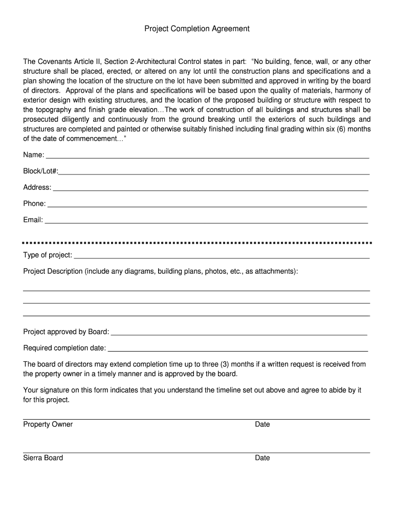 Fillable Online Project Completion Agreement - sierracountryclub.net ...