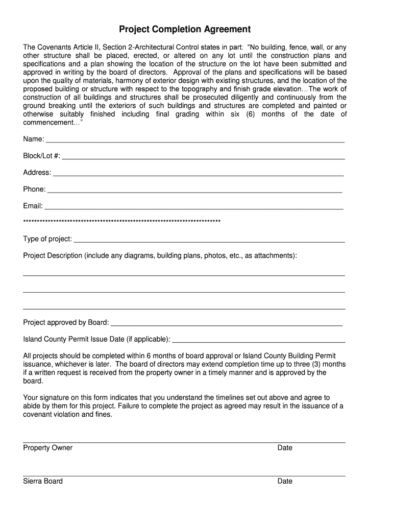 Fillable Online Project Completion Agreement This section to ...
