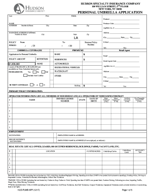 Fillable Online Personal Umbrella Application - Erickson Larsen Inc Fax ...