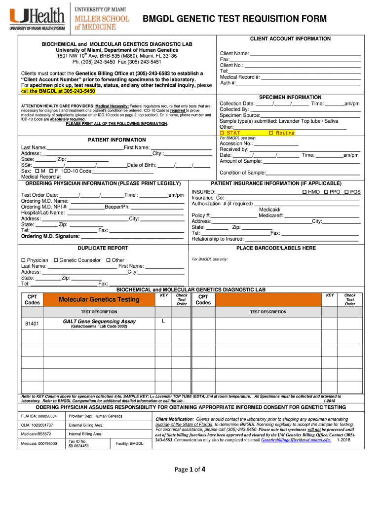 Fillable Online medgen med miami BMGDL GENETIC TEST REQUISITION FORM ...