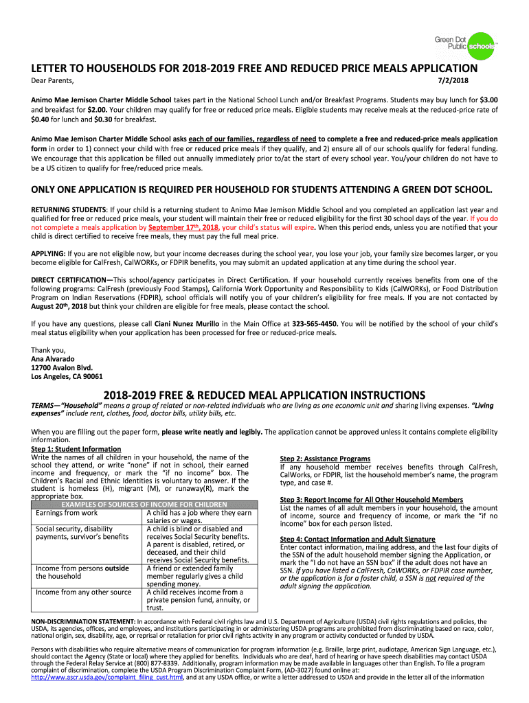 Fillable Online ca greendot LETTER TO HOUSEHOLDS FOR 2018-2019 FREE AND REDUCED PRICE MEALS ...