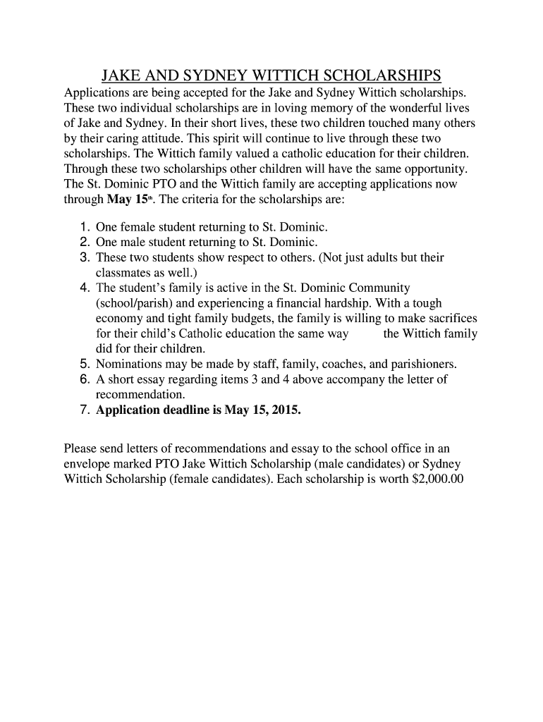 Fillable Online jake and sydney wittich scholarships - St. Dominic ...