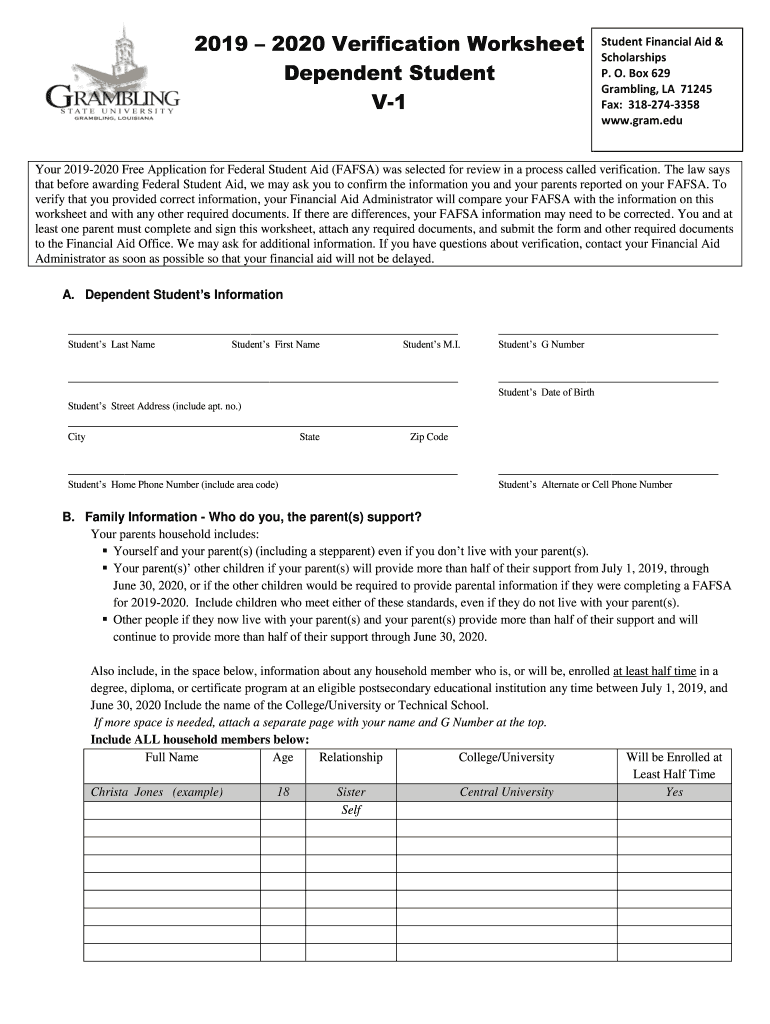 Fillable Online 20192020 Verification Worksheet Dependent Student V-1 Fax Email Print - pdfFiller