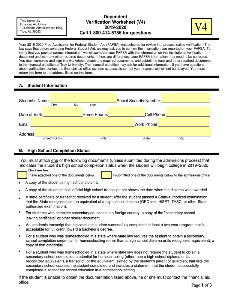 Fillable Online Dependent Verification Worksheet (V1) 2019-2020 ... - Troy University Fax Email ...
