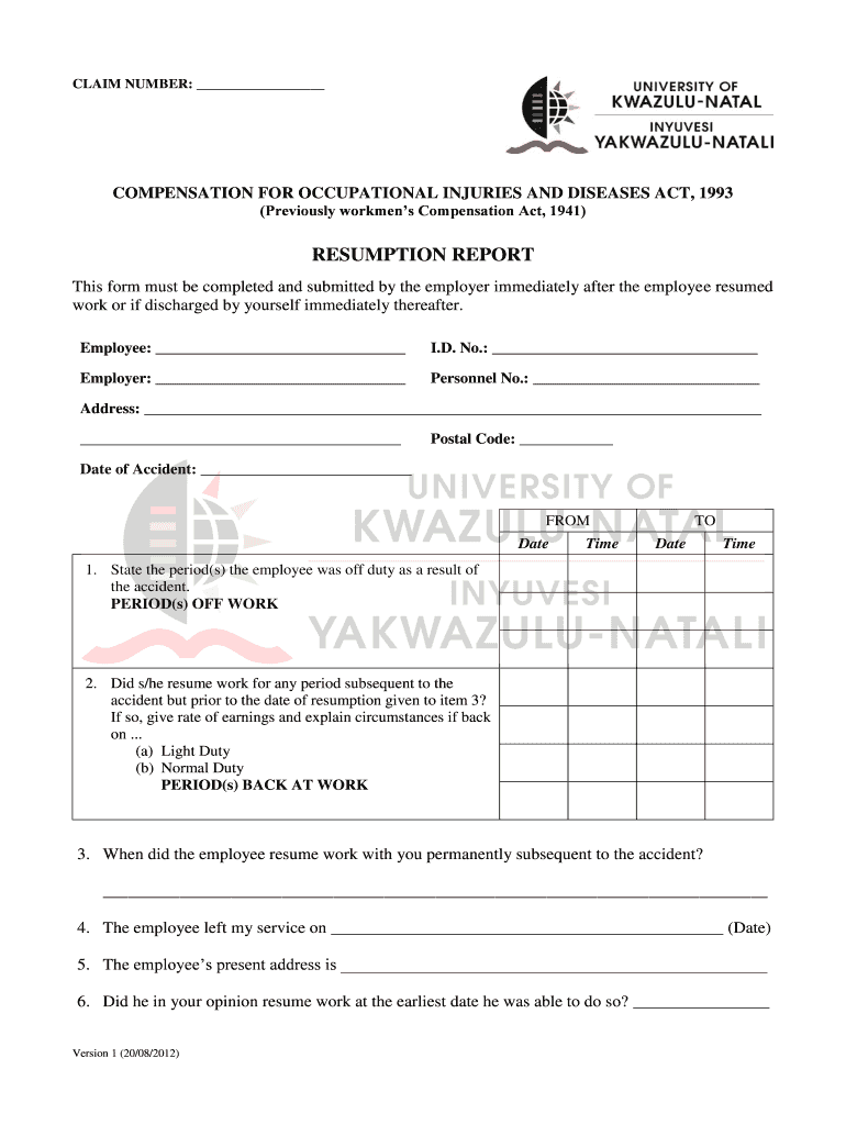 Resumption Report - Fill Online, Printable, Fillable, Blank | pdfFiller