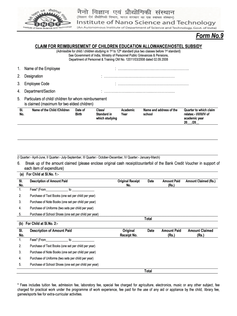 Fillable Online CLAIM FOR REIMBURSEMENT OF CHILDREN EDUCATION ALLOWANCE ...