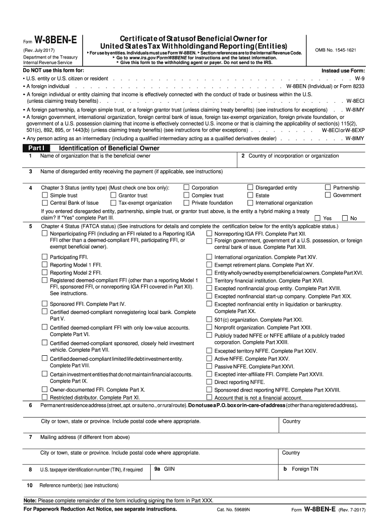 Fillable Online W-8BEN-E Certificate of Status of Beneficial Owner for ... Fax Email Print ...