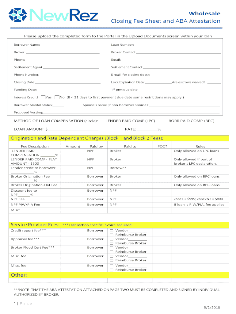 Fillable Online Closing Fee Sheet and ABA Attestation - NewRez ...