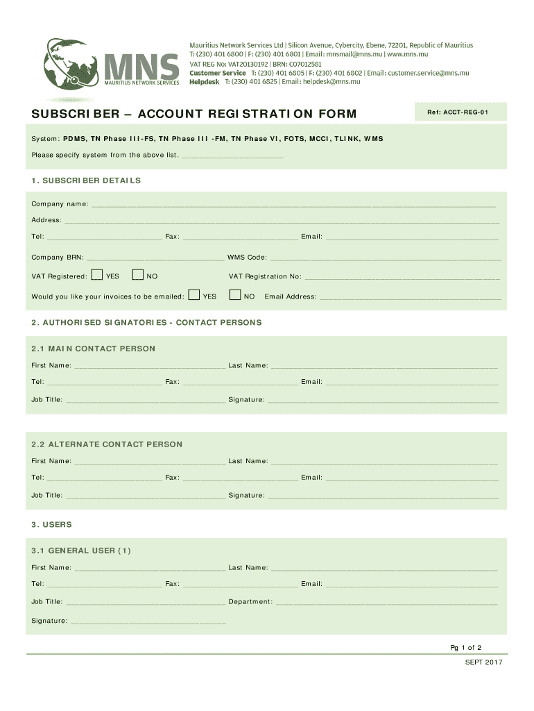 Fillable Online SUBSCRIBER ACCOUNT REGISTRATION FORM -REG 01 Fax Email ...