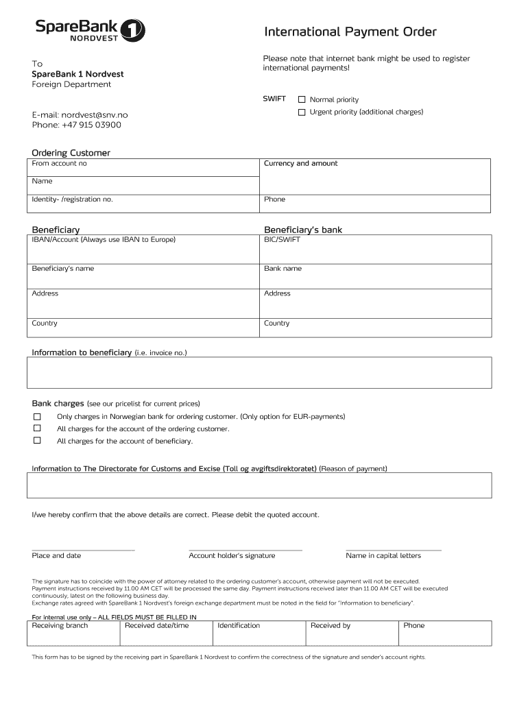 Fillable Online International Payment Order - SpareBank 1 Fax Email ...