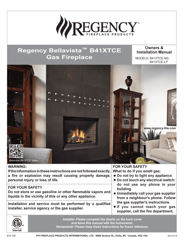 Fillable Online Regency Bellavista B41XTCE Gas Fireplace - Regency ...