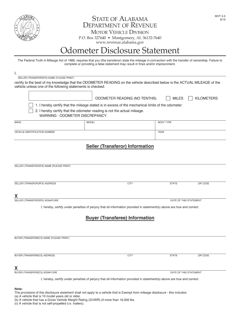 Fillable Online odometer Disclosure Statement - Alabama Department of ...