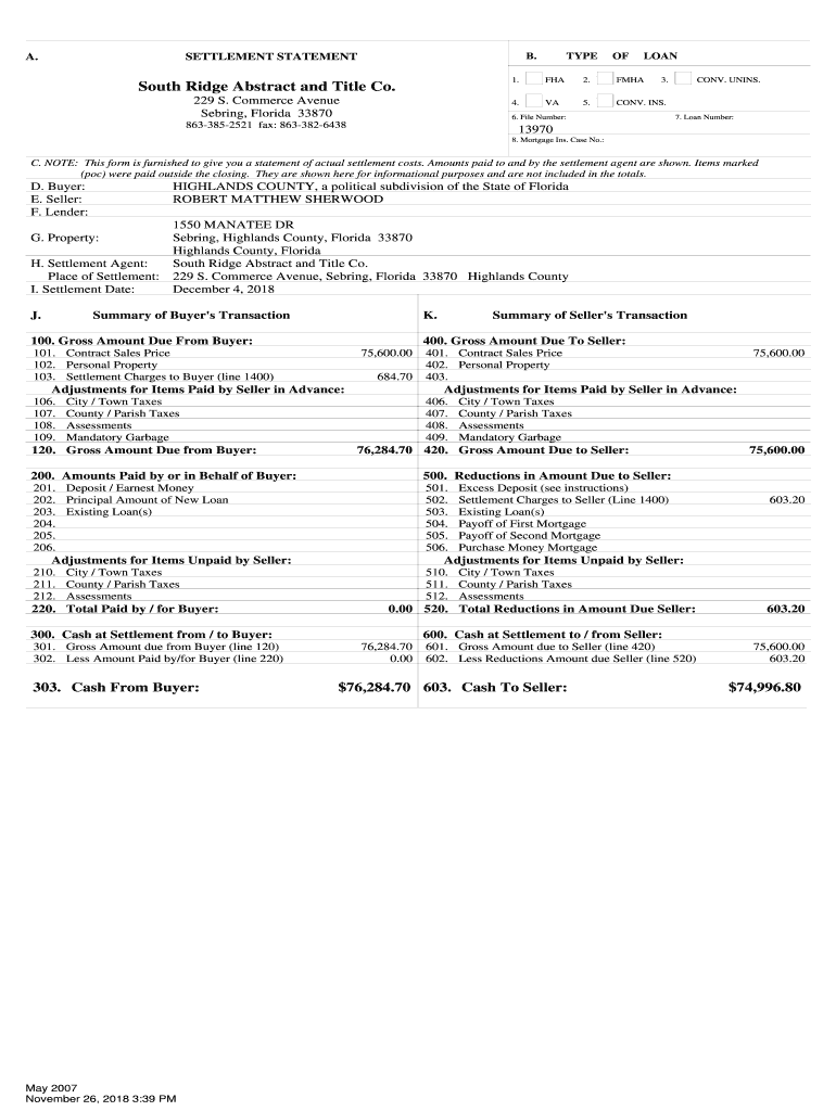 Fillable Online HUD Settlement Statement for 13970. HUD Settlement ...