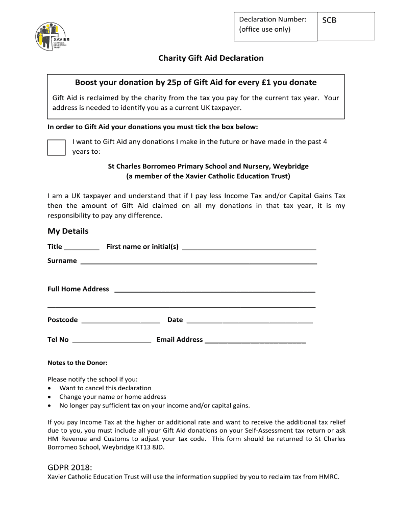 Fillable Online Gift Aid Declaration form pdf - St Charles Borromeo Catholic Primary ... Fax ...