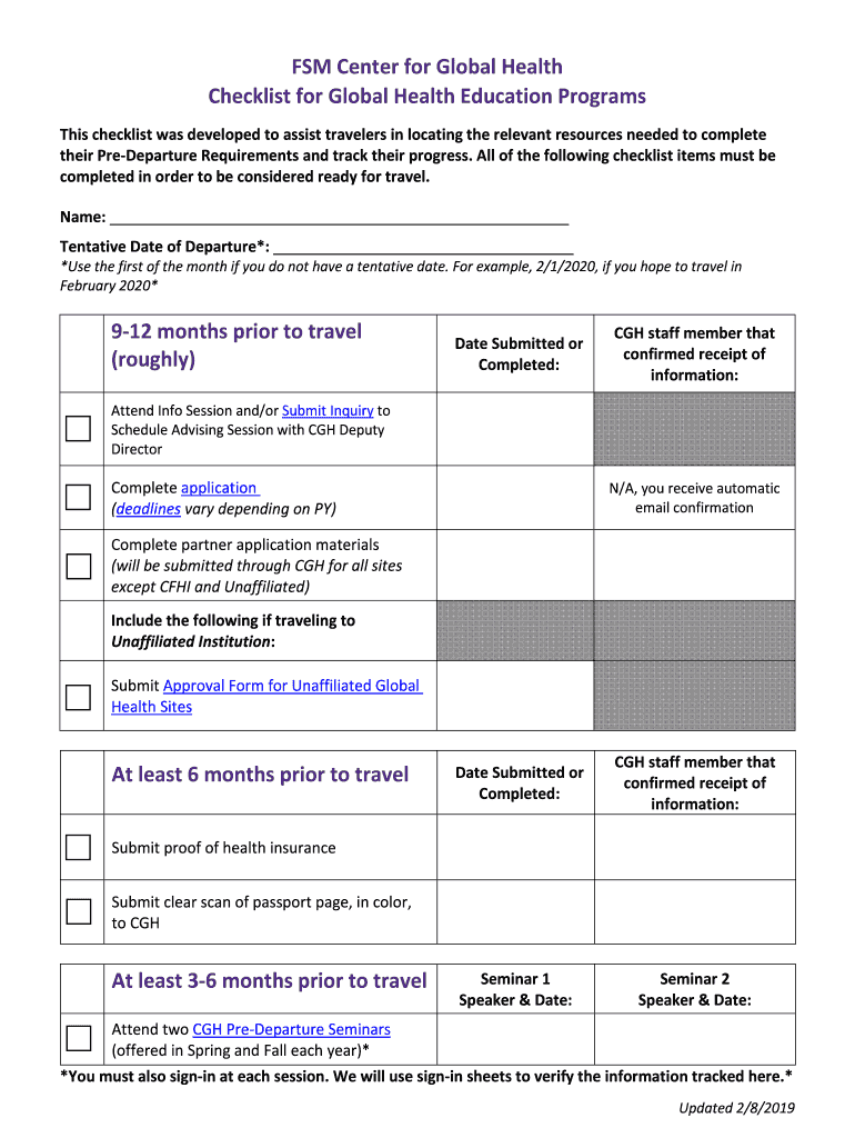 Fillable Online FSM Center for Global Health Checklist for Global ...