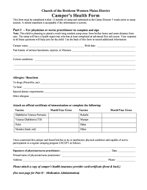 Fillable Online Camp Health Form for Staff - Western Plains District ...