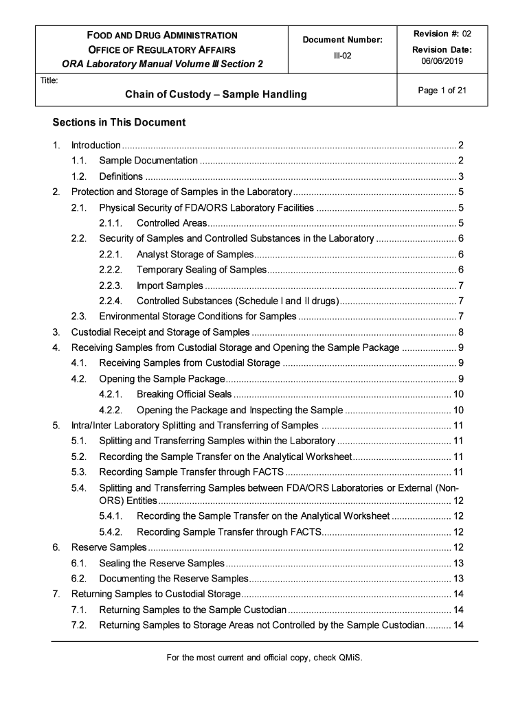 Fillable Online Volume III, Section 2. Chain Of Custody - Sample ...