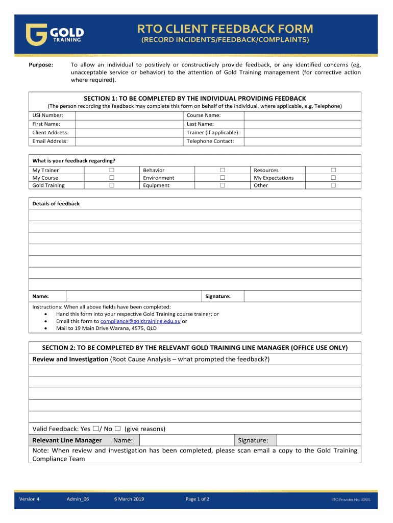 Fillable Online rto client feedback form - Gold Training Fax Email ...
