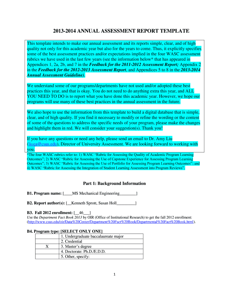 Fillable Online 2013-2014 ANNUAL ASSESSMENT REPORT TEMPLATE Fax Email ...