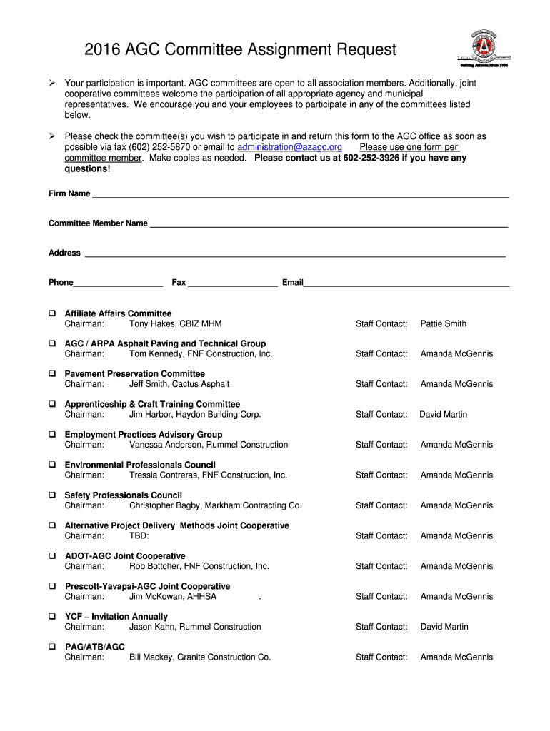 Fillable Online 2016 committee assignment request form - azagc.org Fax ...