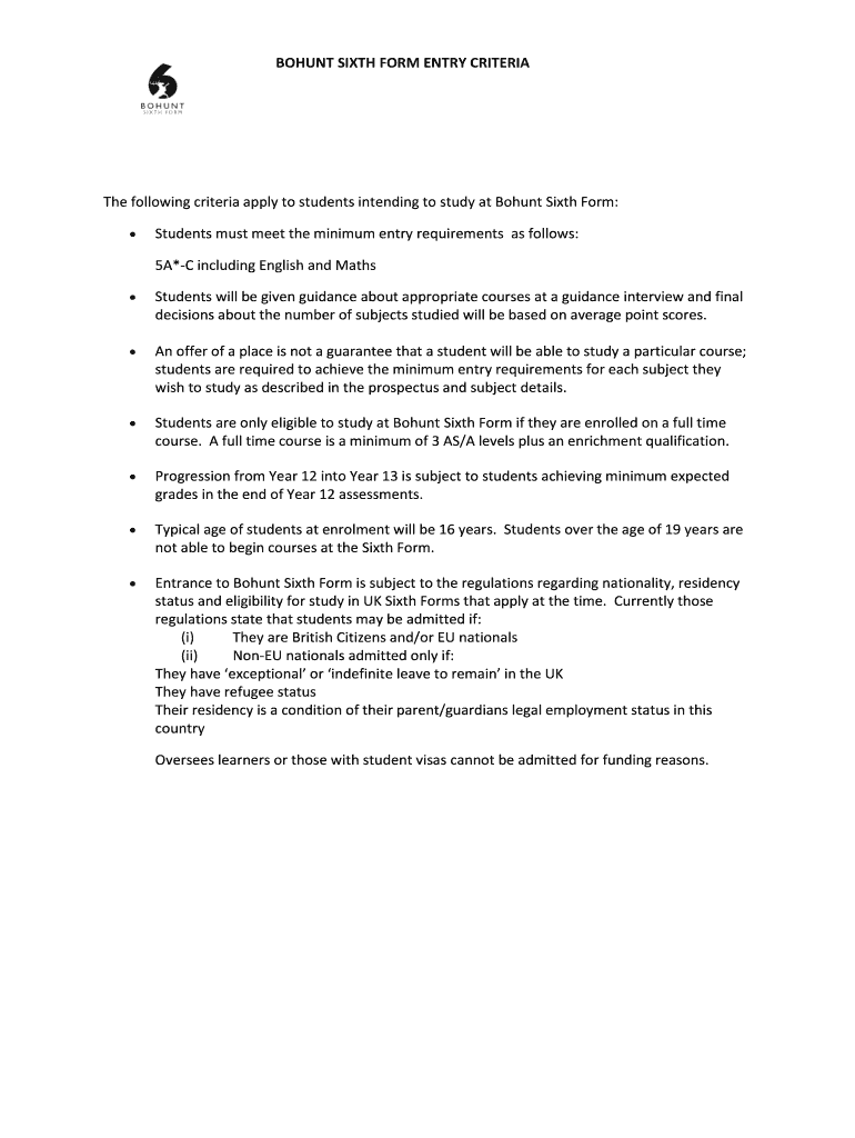 Fillable Online BOHUNT SIXTH FORM ENTRY CRITERIA - bohunt.hants.sch.uk Fax Email Print - pdfFiller