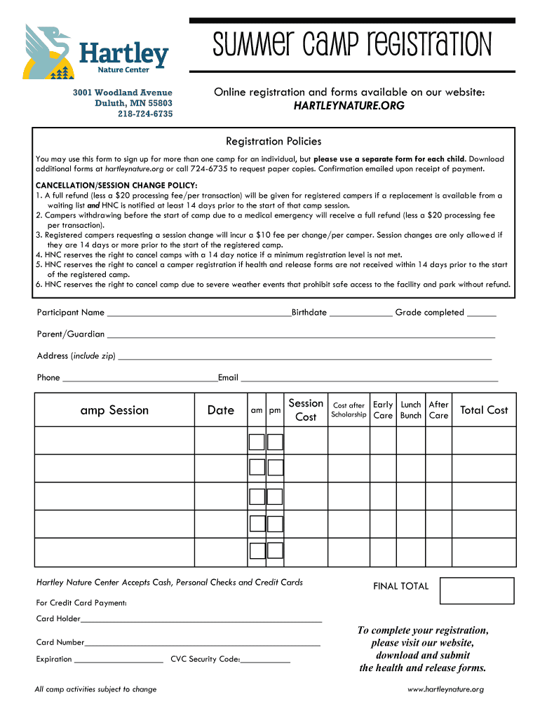 Fillable Online Summer Camp Registration - Hartley Nature Fax Email Print - pdfFiller