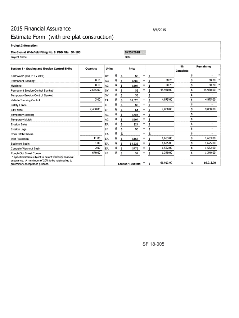 Fillable Online 2015 Financial Assurance Estimate Form (with pre-plat ...