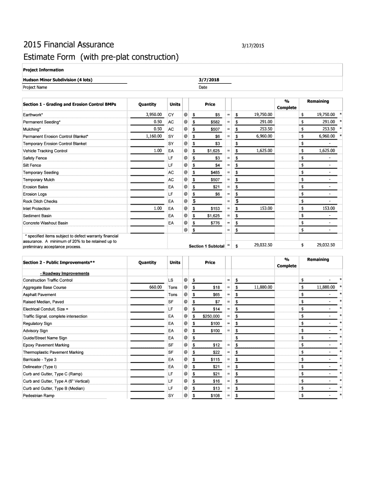Fillable Online Financial Assurance Estimate Form (with pre-plat ...