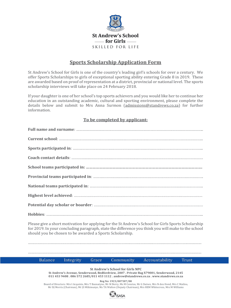 Fillable Online Sports Scholarship Application Form - St. Andrew's School ... Fax Email Print ...
