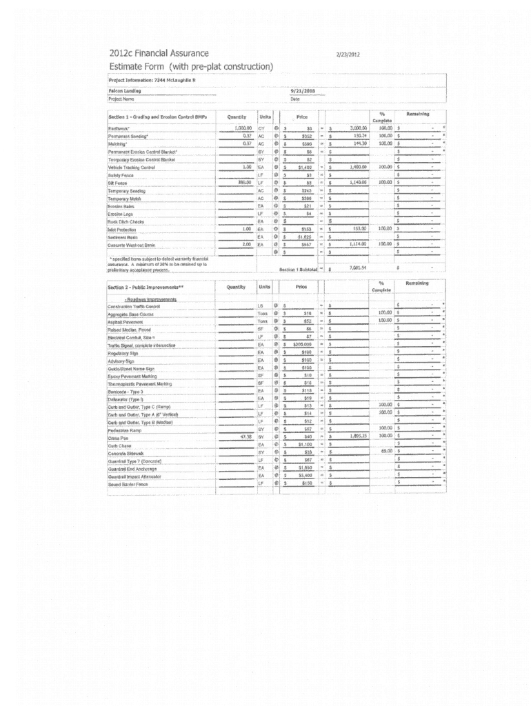 Fillable Online 2012c Financial Assurance Estimate Form (with pre-plat ...
